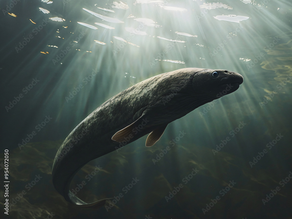 American Eel swimming through murky waters with light filtering from ...