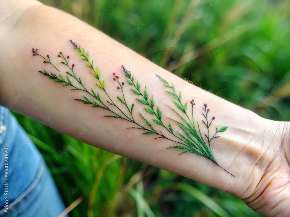 Delicate, intricate five-finger grass tattoo design on a person's ...