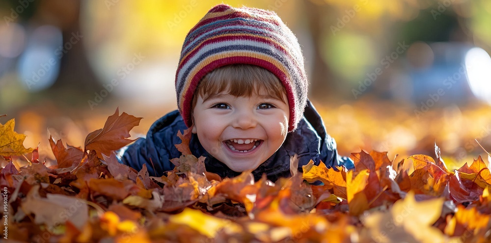 Happy child playing hide-and-seek in a colorful autumn leaf pile ...