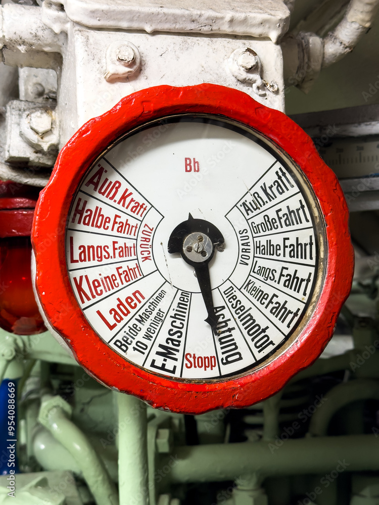 Engine order telegraph or Chadburn, communication device on a German submarine from the bridge ...