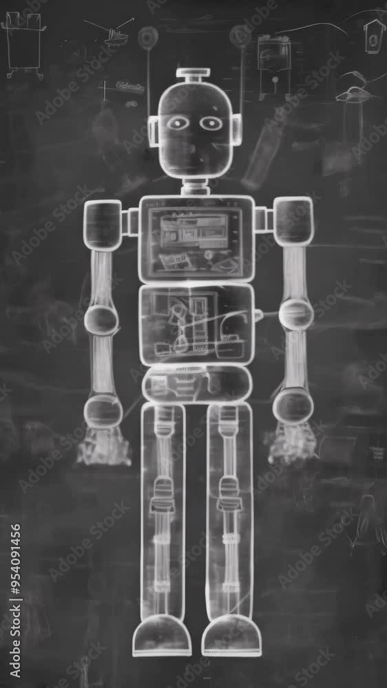 Chalkboard sketch of a basic robot with detailed internal components ...