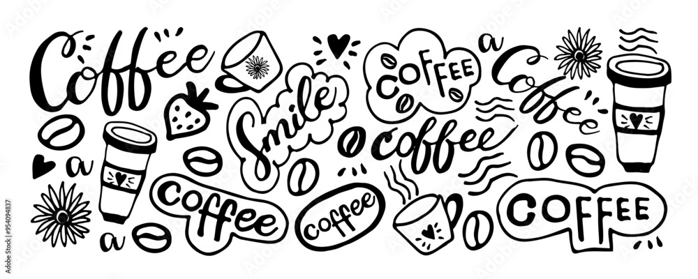 Coffee doodle style, different hand lettering words with cup and ...