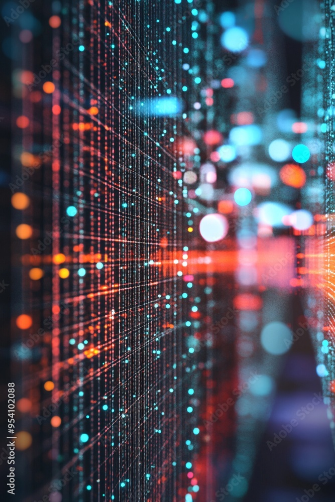 Futuristic data grid with glowing lines and bright bokeh lights on ...