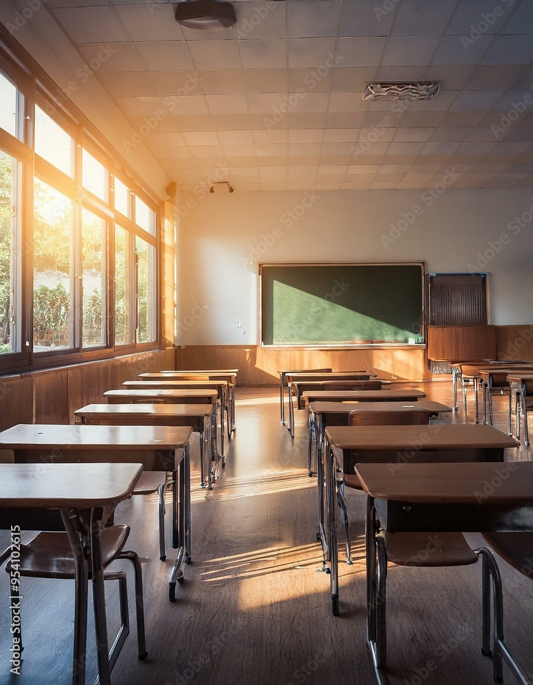 Classroom desks at golden hour, empty school room with chalkboard ...