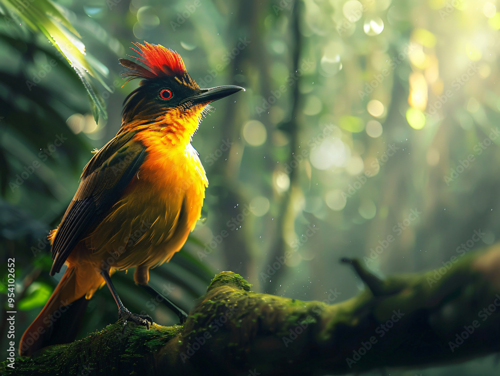 An Amazonian Royal Flycatcher displaying its colorful crest in a dense ...