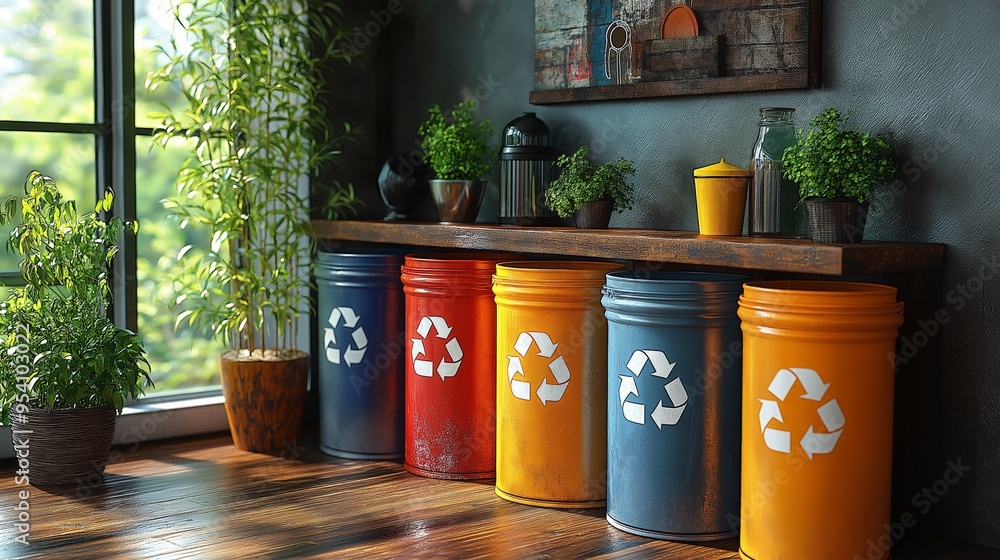 Organized Home Recycling Station with Color-Coded Bins for Paper ...