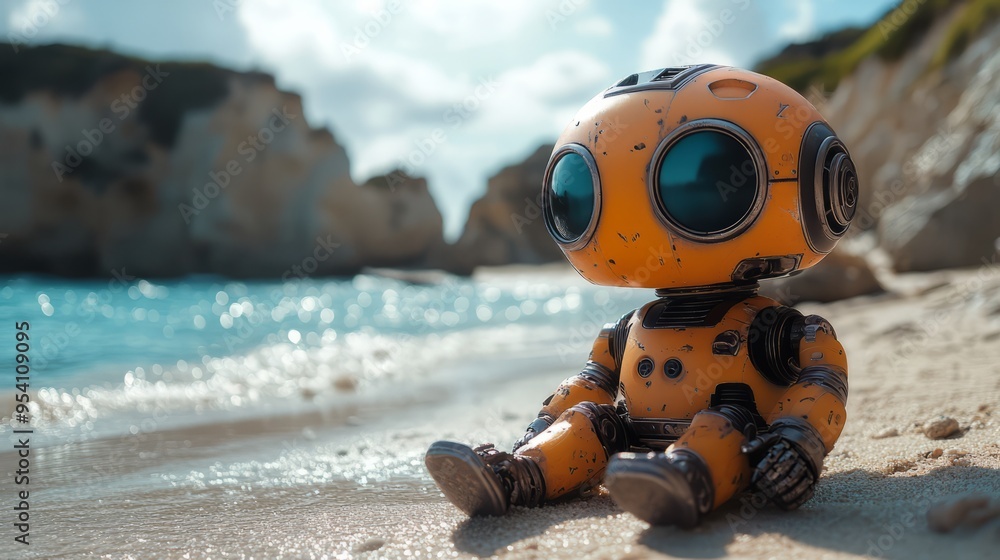 Robot Contemplation on the Beach: A small, friendly robot with blue ...