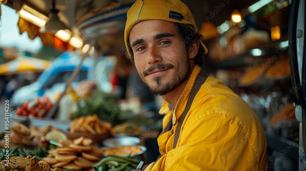 handsome man in uniform working in food truck and sold fast food. fast ...