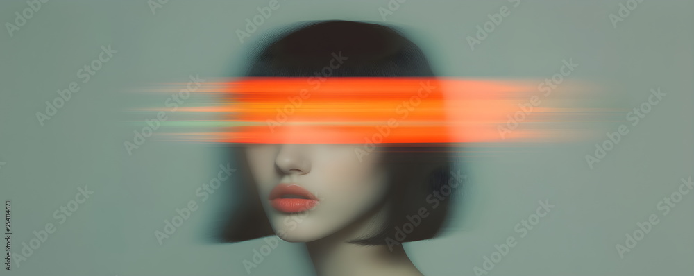 Abstract portrait of a girl with an orange crossed out line on her face ...