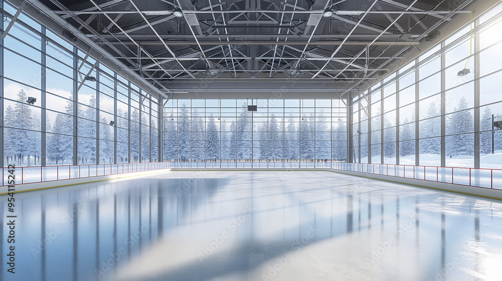 Photorealistic empty indoor ice rink with freshly resurfaced ice ...