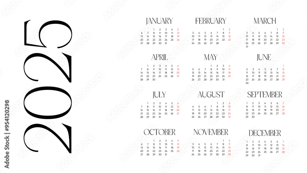 Horizontal calendar of all the months 2025. with the year at the left ...