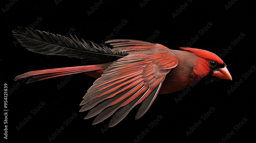 Red and black bird flying with wings spread, head turned sideways Stock ...