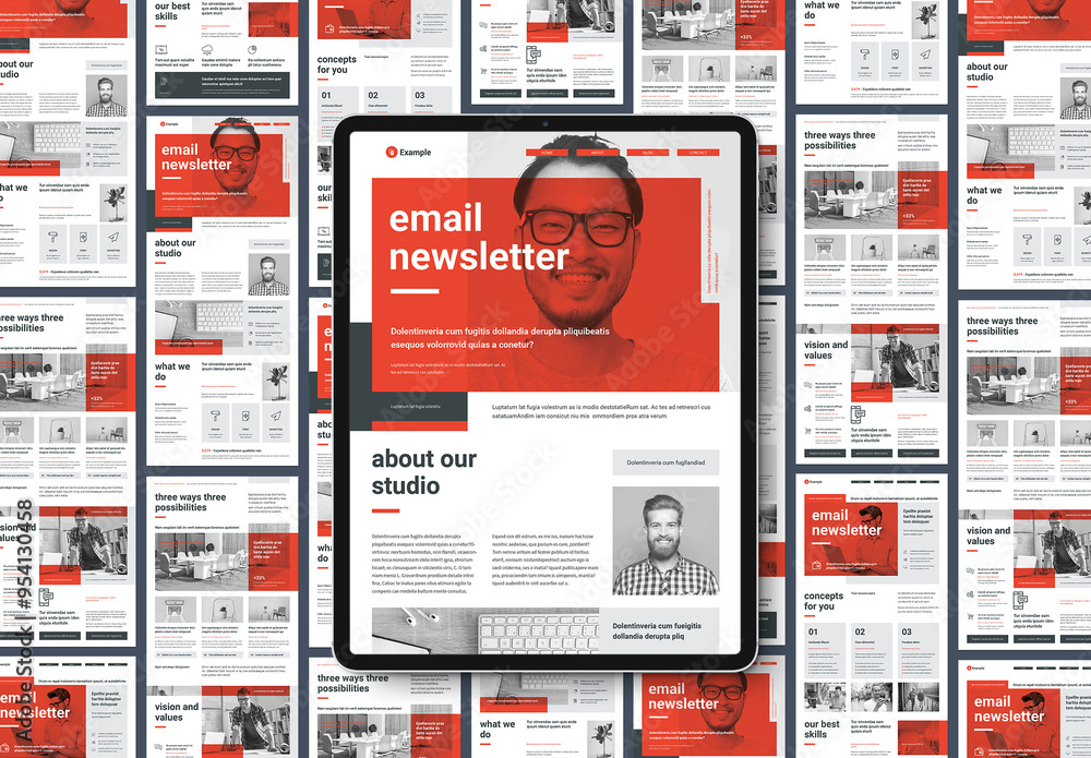 E-mail Newsletter Template in Grey Sades with Red Accents Stock ...