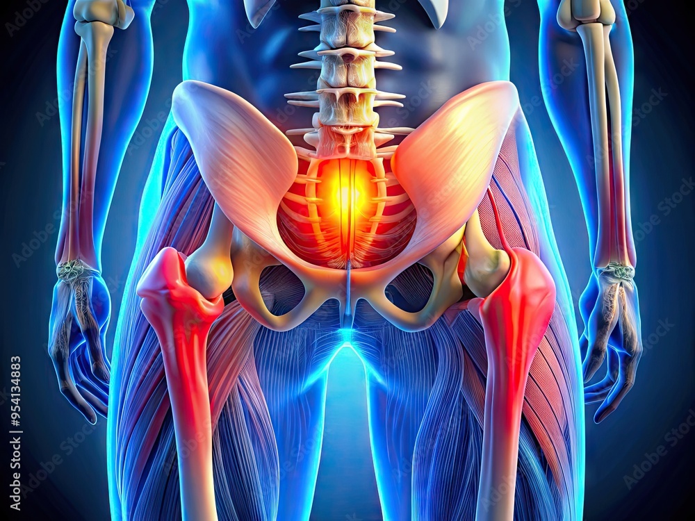 Illuminated 3D model of the human gluteal region highlighting the ...