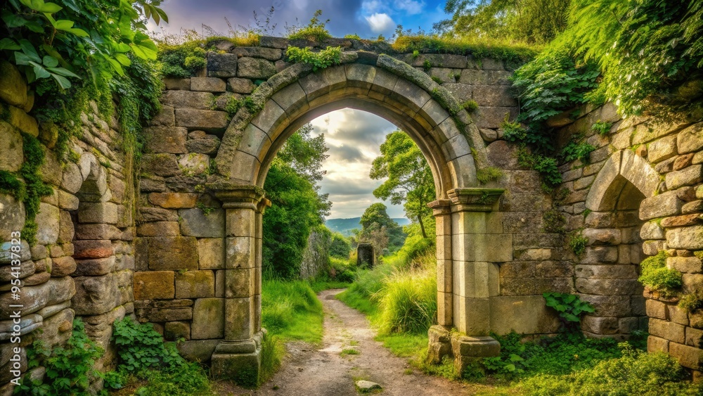 Ancient stone gates, worn by time, slowly open to reveal a mystical ...