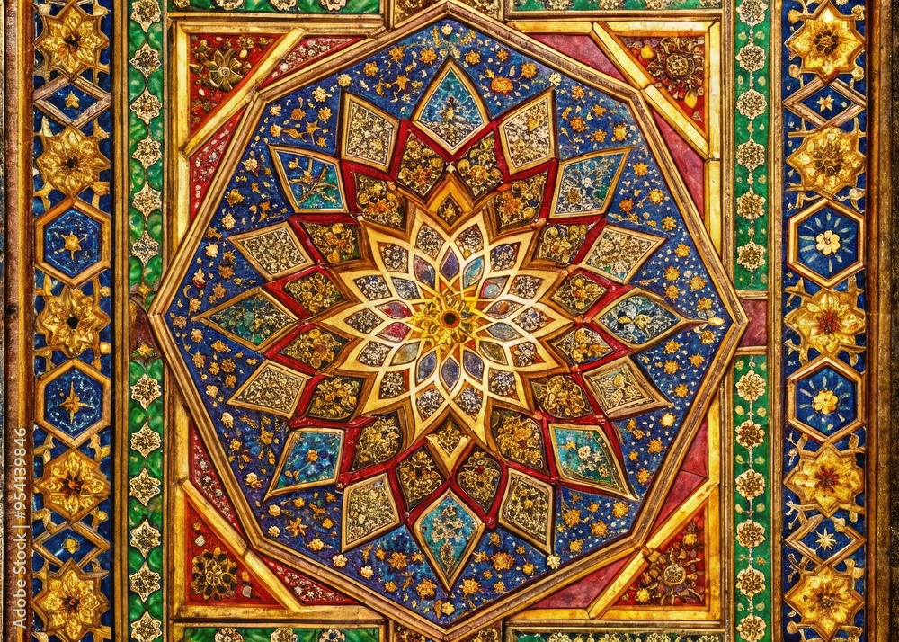 Dazzling geometric patterns in an ancient Islamic manuscript, featuring ...
