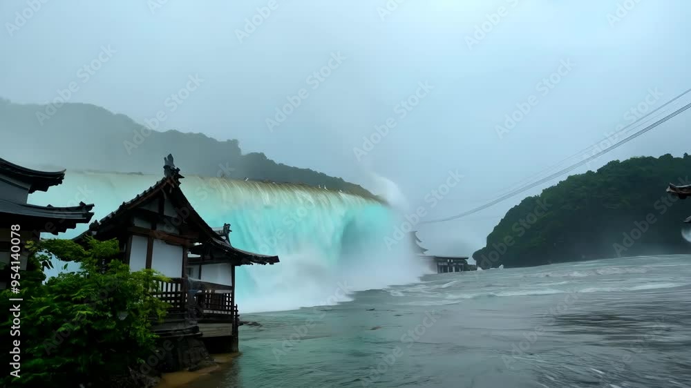 Gigantic tsunami wave flooding small Asian city Japan earthquake ...