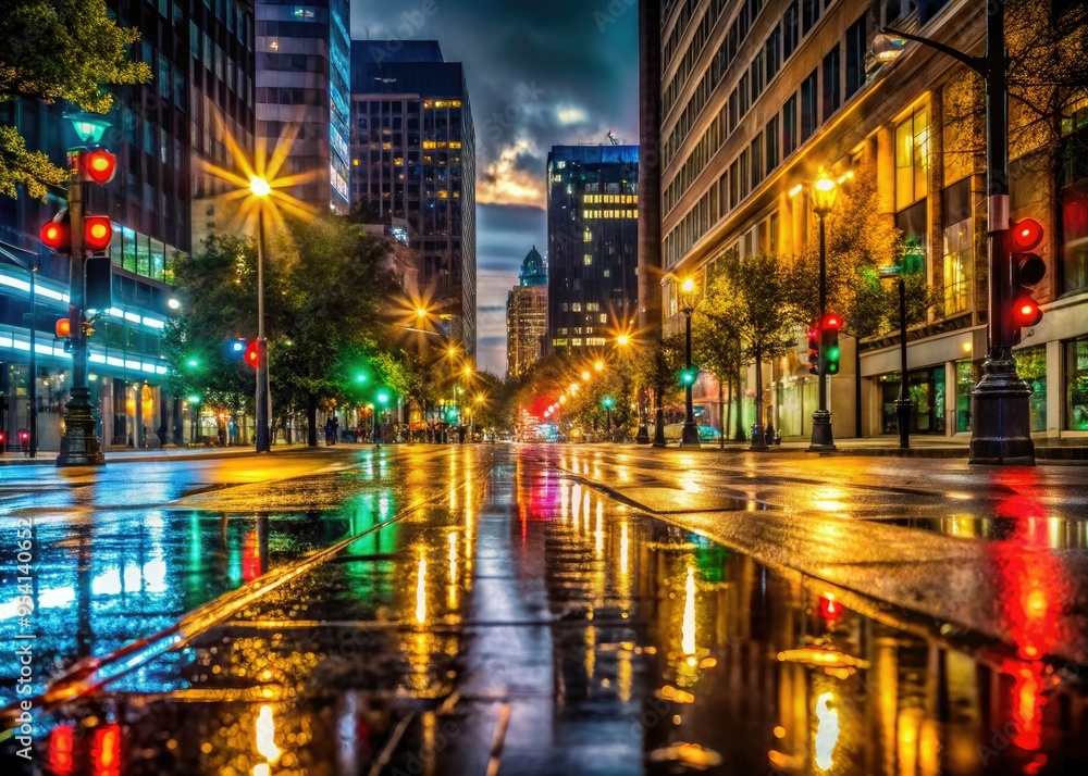Moody rainy night, rain droplets glisten on wet pavement, reflections ...