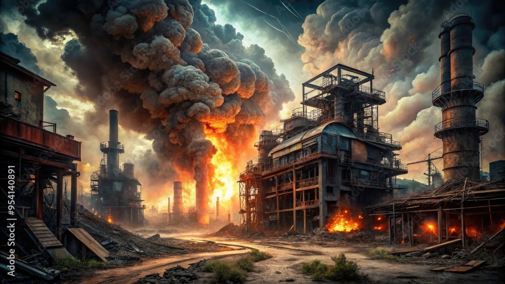 Moody electric furnace explosion in abandoned industrial landscape ...