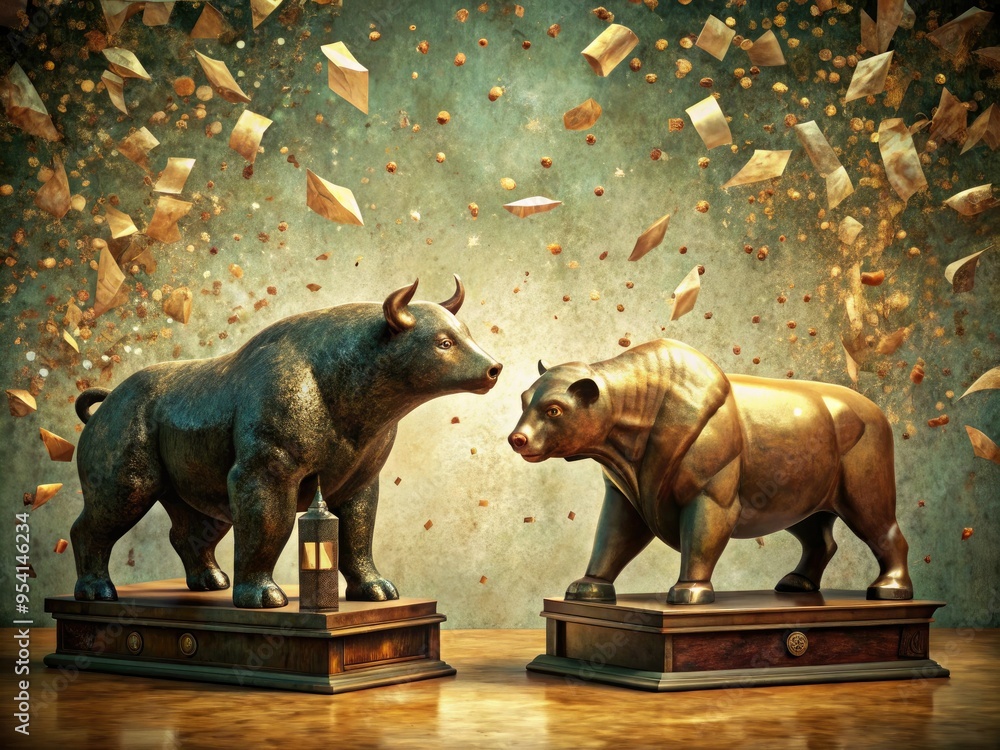 vintage-style illustration of bull and bear statues standing back-to ...
