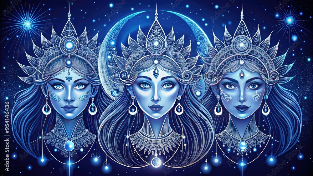 mystical moon goddesses drawn in intricate linework with crescent moon ...