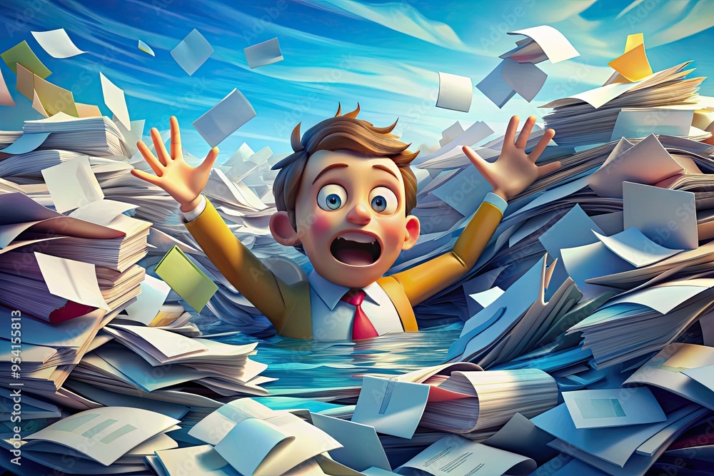Whimsical illustration of a cartoon character drowning in a sea of ...