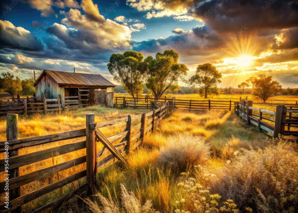 Rustic afternoon light embracing abandoned rural livestock showgrounds ...