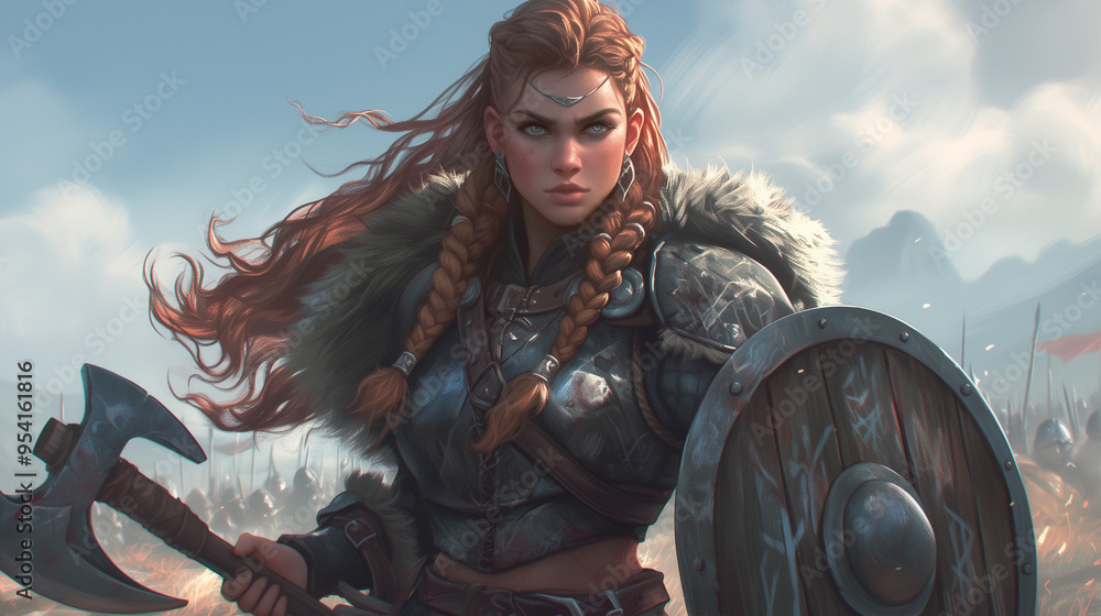 battle-hardened dwarven shieldmaiden with braided red hair stands ...