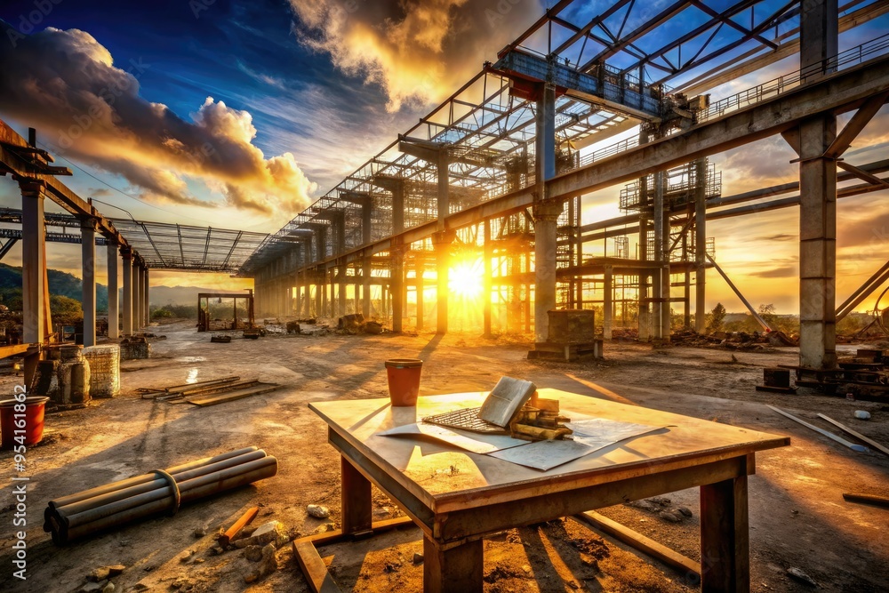 rusty table amidst sprawling construction site machinery silhouette ...