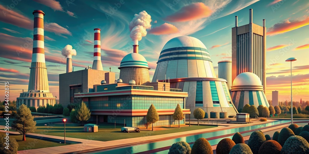 retro futuristic 1950satomic age nostalgia nuclear power plant reactors ...