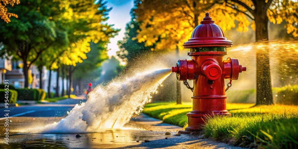 Energetic dynamic scene of leaking fire hydrant spraying water on hot ...