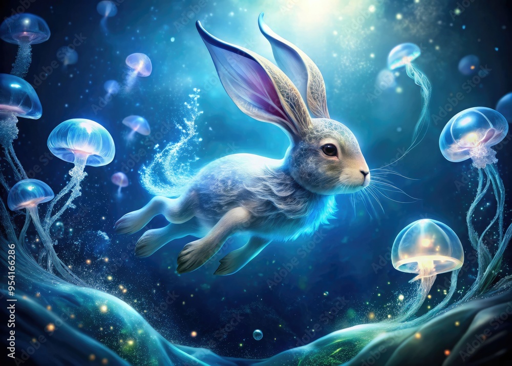 magical underwater rabbit swimming with logo made of shimmering ...
