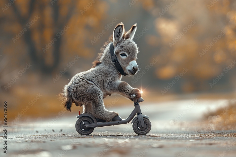 Cute Donkey Riding a Scooter in a Forest Stock Illustration | Adobe Stock
