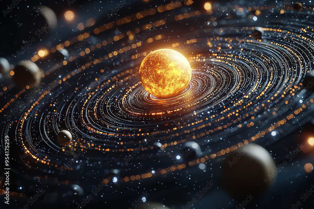 A rotating solar system model, with planets orbiting around a central ...