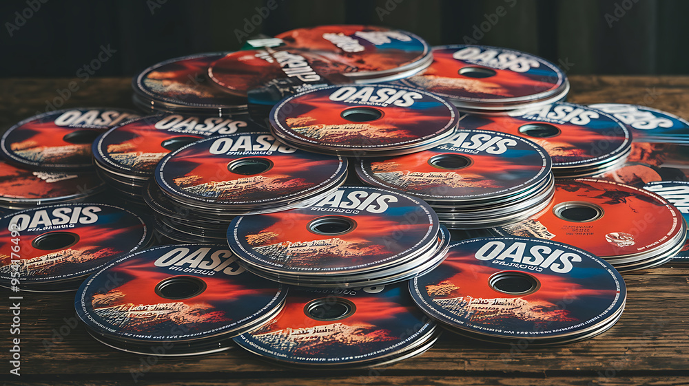 A stack of Oasis CDs on a wooden table, capturing the nostalgia of the ...