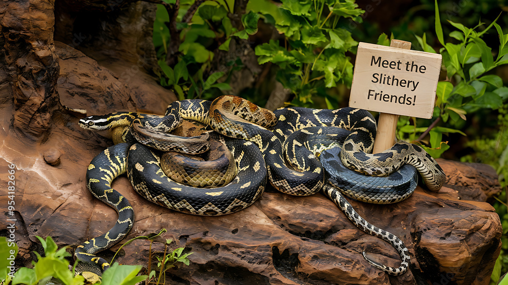 A group of snakes coiled together on a tree trunk, with a sign reading ...