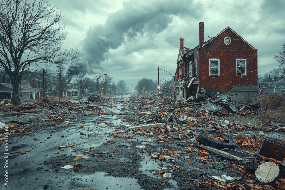 A collapsed building in the aftermath of a severe tornado, with debris ...