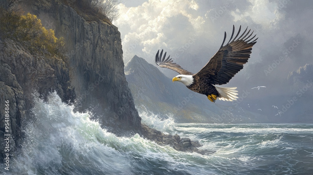 Bald eagle flying over a coastal cliff, with waves crashing below ...