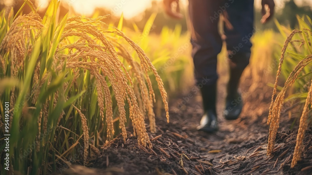 Farmer walking through a rice field, the ears of rice brushing against ...
