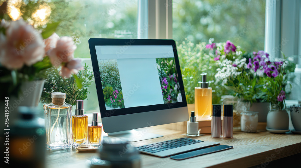 A bright and clean setup with a desktop computer showing a cosmetics e ...