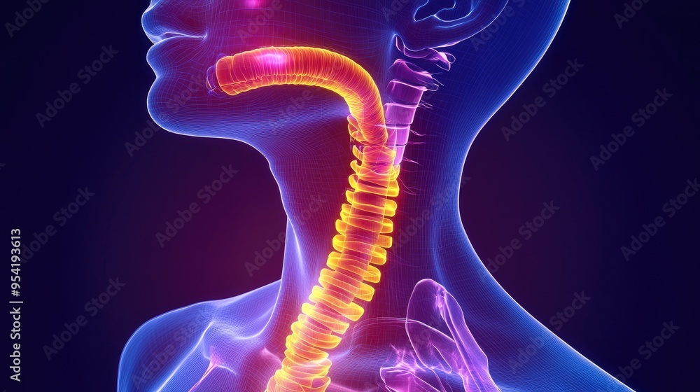 illustration of the esophagus showing its anatomy, from the throat to ...