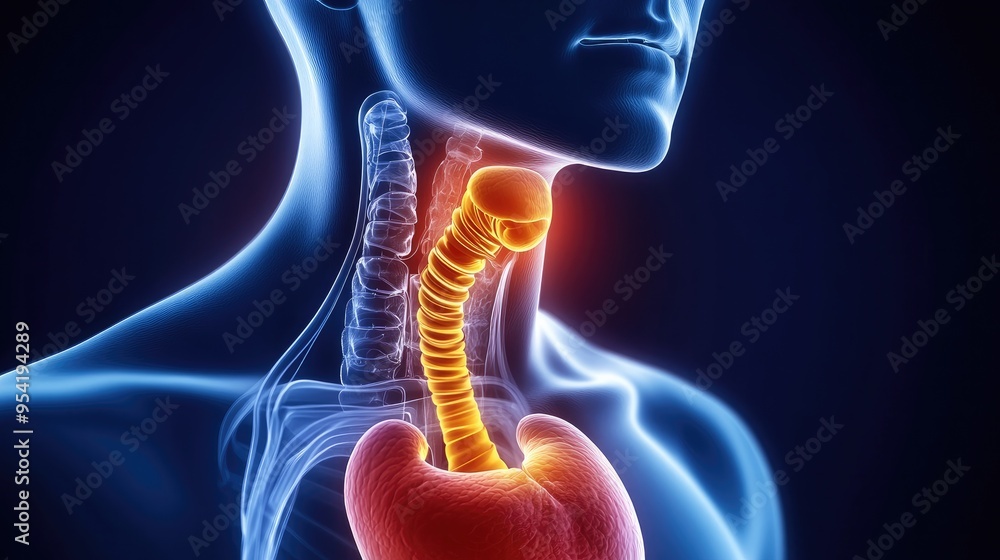 Medical diagram of the esophagus with a hiatal hernia, showing how part ...
