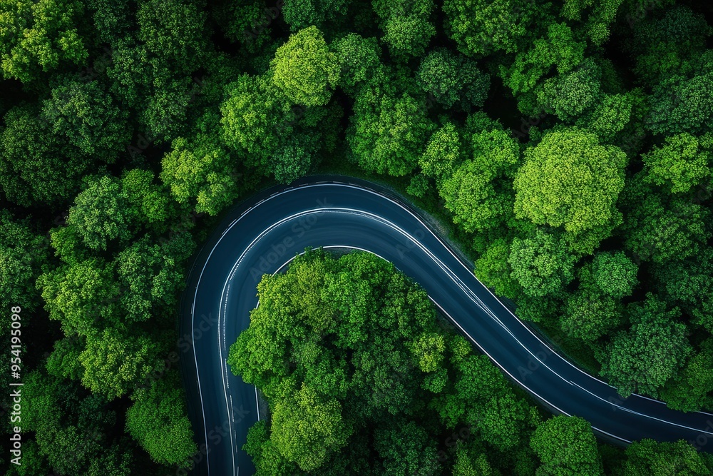 Aerial top view road in forest with car motion blur. Winding road ...