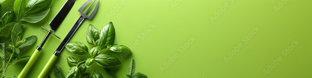 banner with a bright green background and graphic patterns. Garden ...