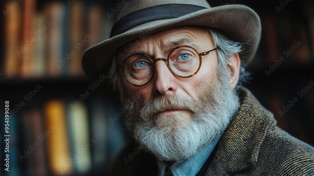 eccentric professor with wild gray beard and round glasses wearing a ...