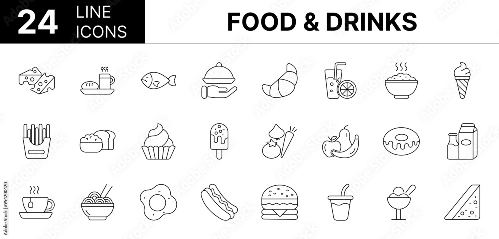 Collection of 24 Food & drinks line icons featuring editable strokes ...