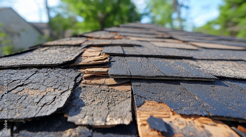 Aging shingle roof after years of exposure, with hail damage ...
