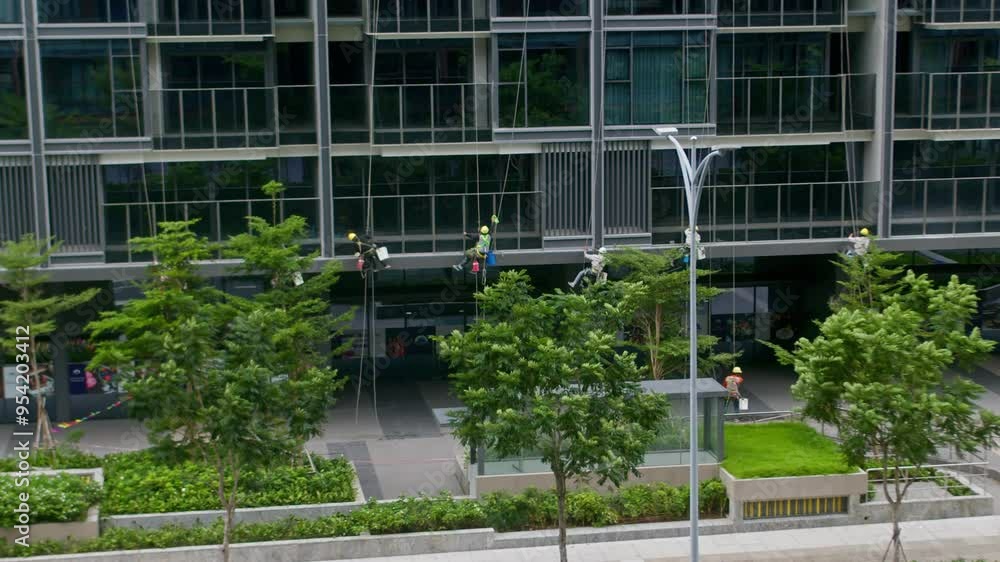 Professionals in climbing gear are cleaning the windows of a high-rise ...