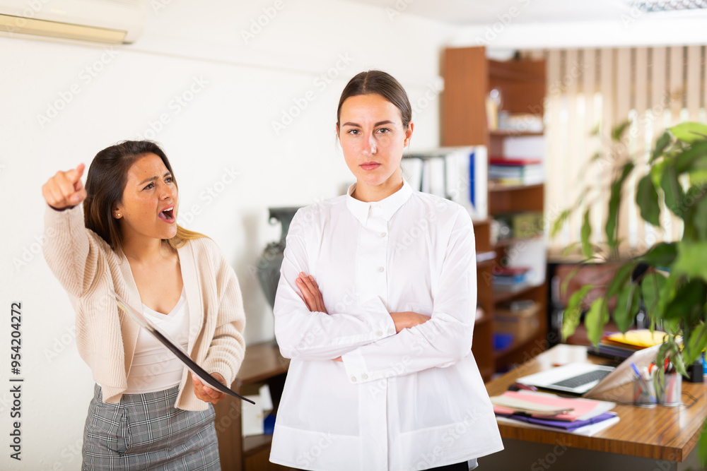 Sad frustrated employee receiving rebuke, suffering from bad attitude ...