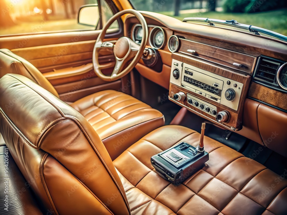 Retro car interior with a vintage cassette player and a worn leather ...